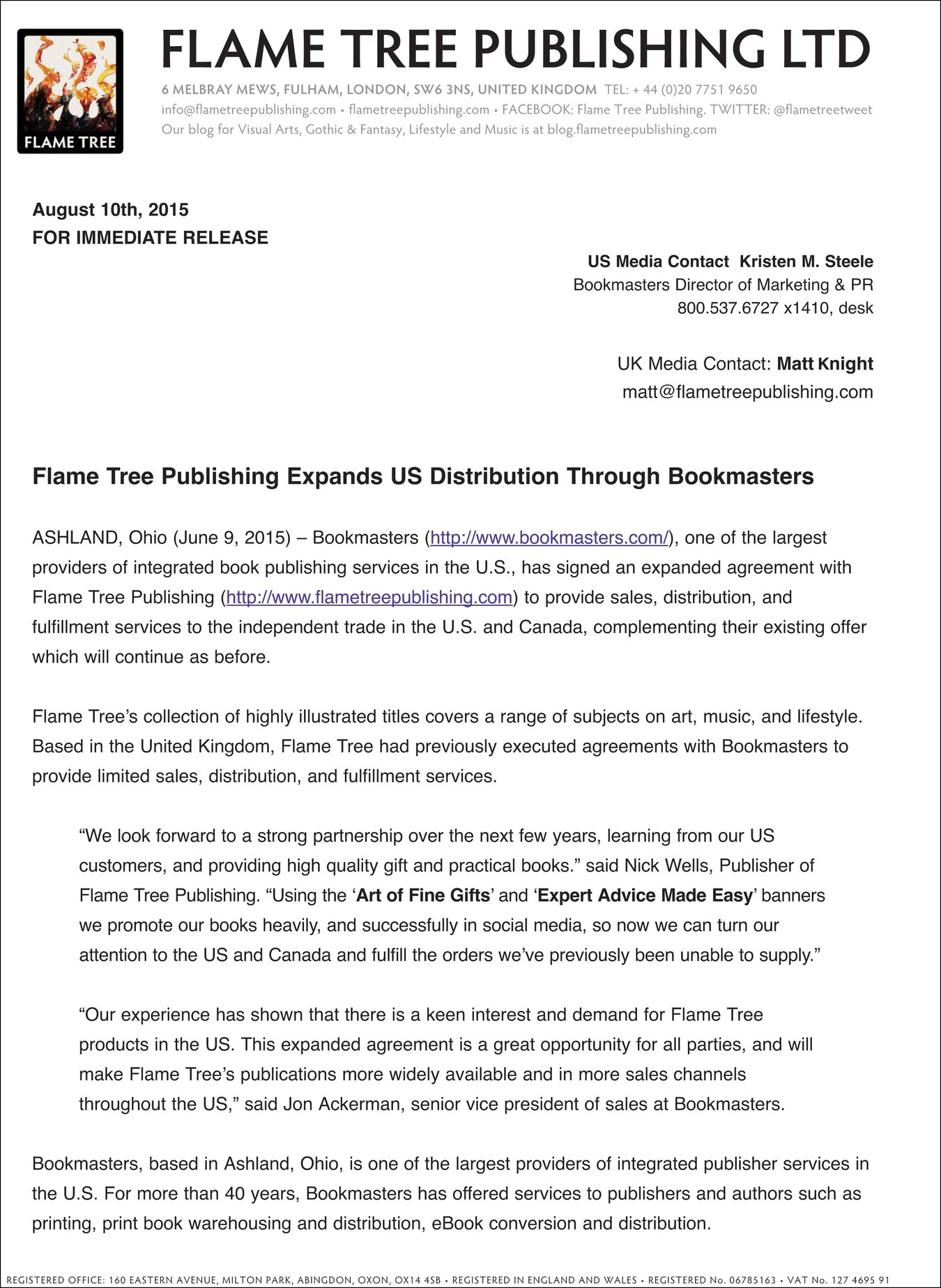 Flame Tree Expands US Distribution Through Bookmasters